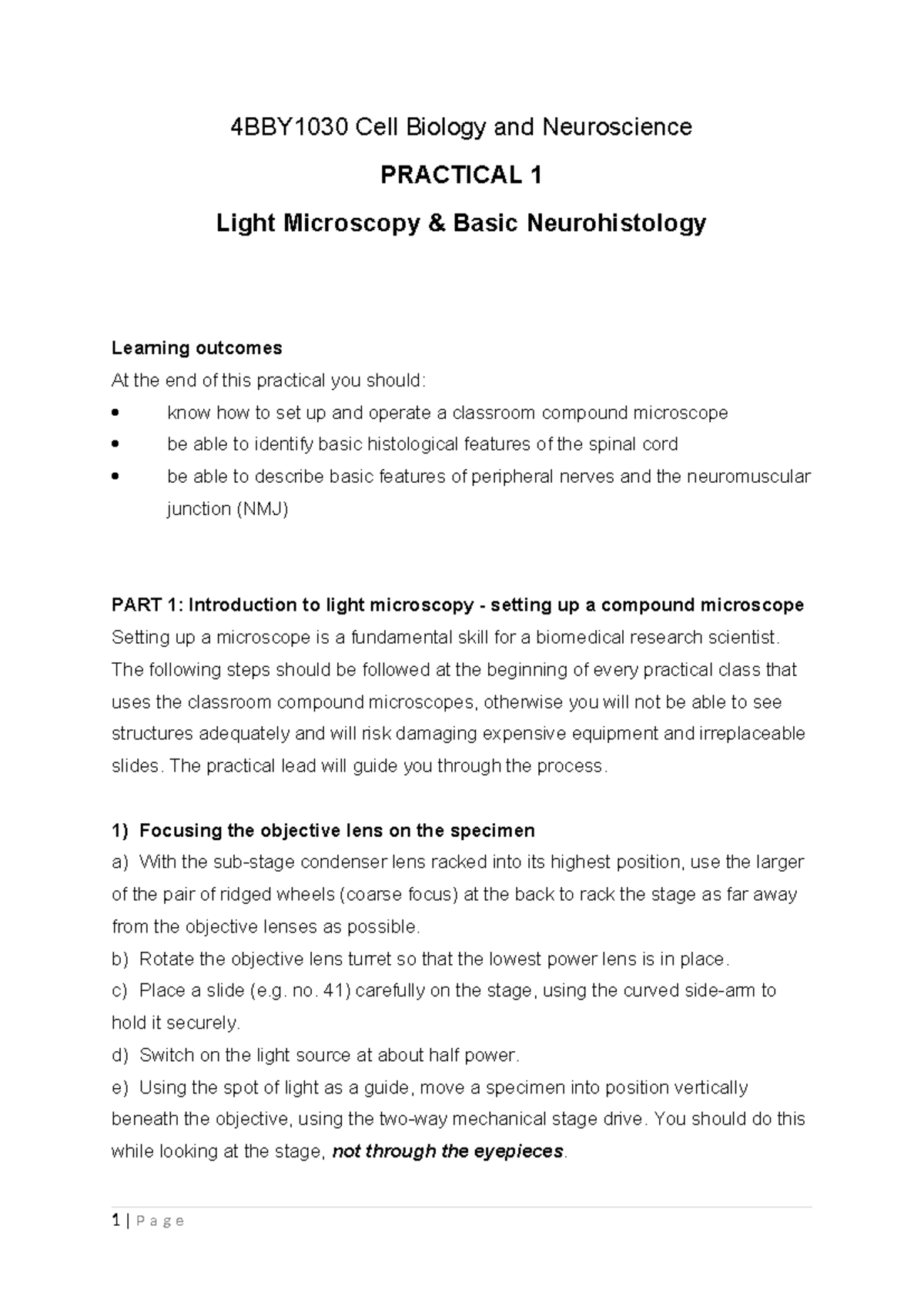 practical 1 handout - 4BBY1030 Cell Biology and Neuroscience PRACTICAL ...