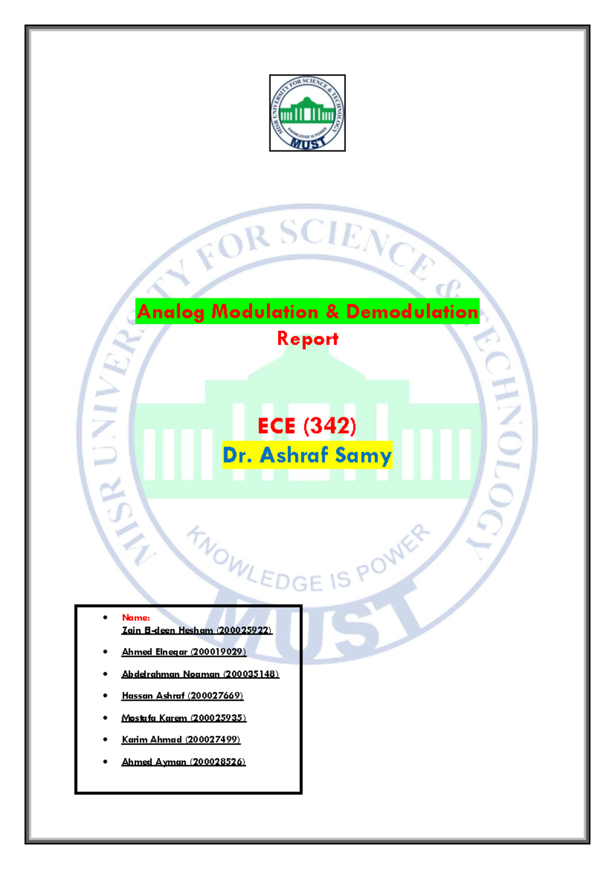 Analog Modulation and Demodulation Report ECE 342 - Assignment 2 - Studocu