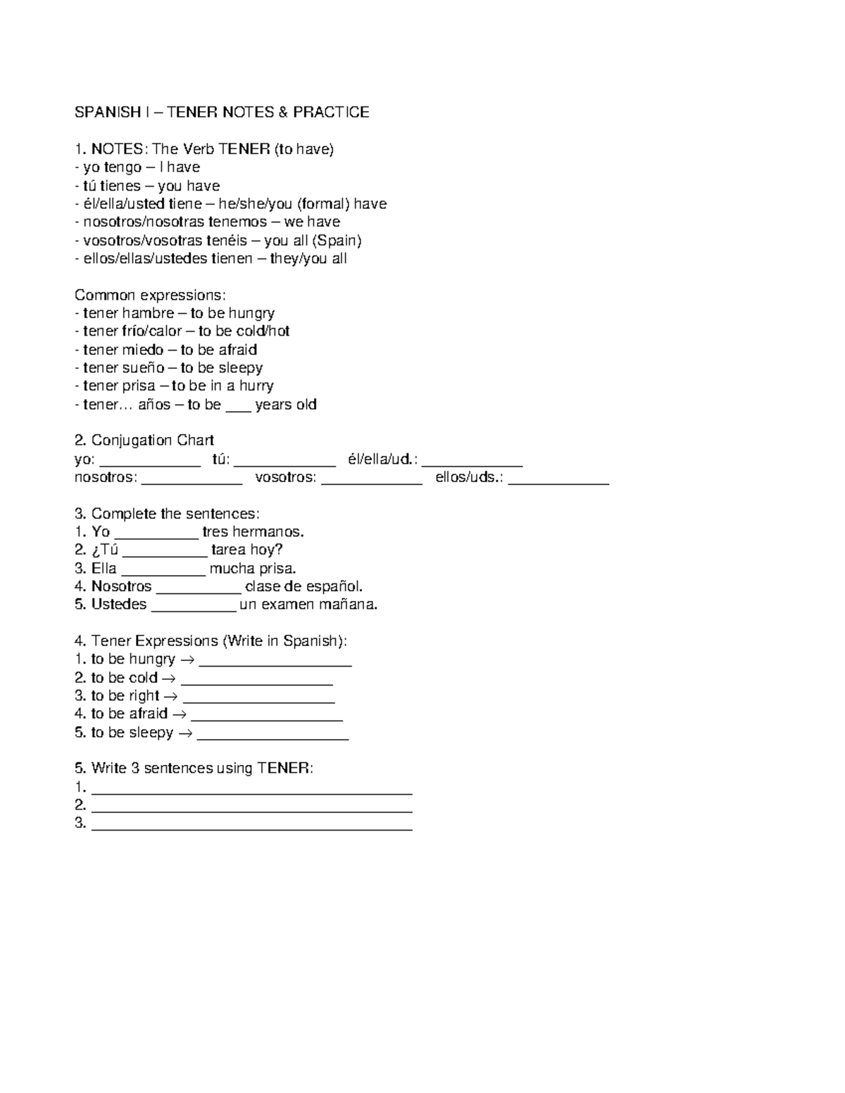 SPANISH I – TENER NOTES & PRACTICE SHEET - Studocu