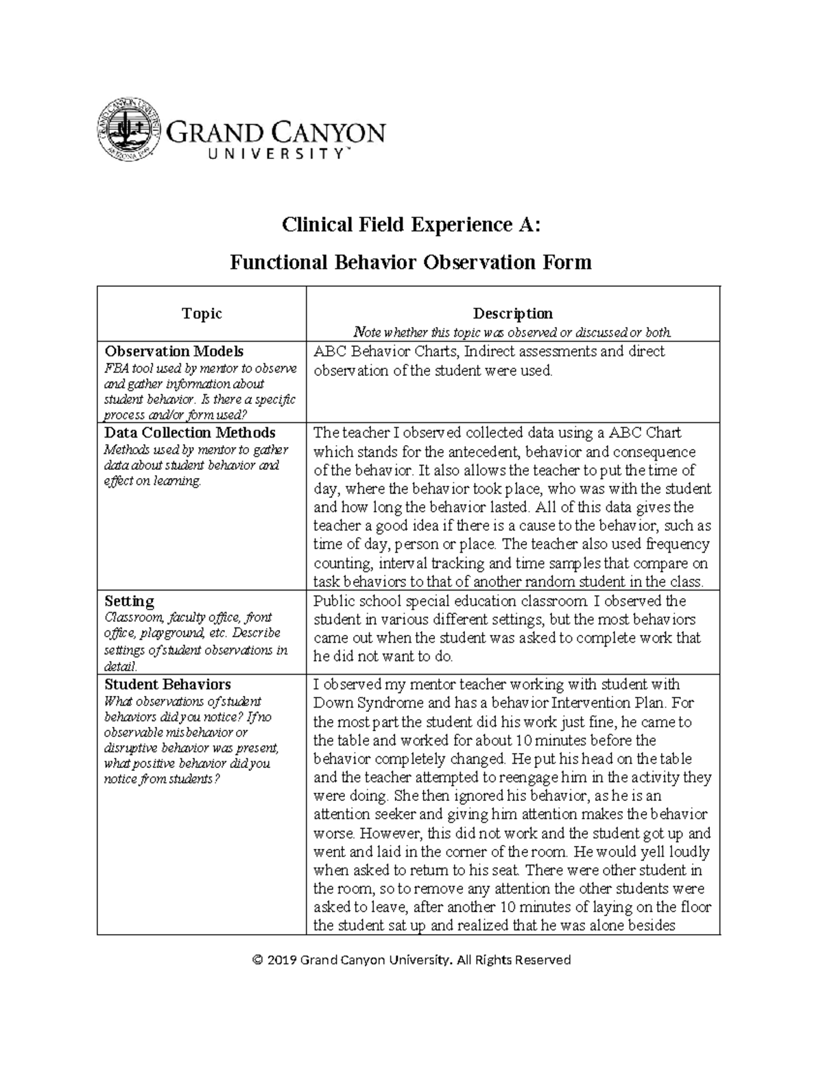 Clinical Field Experience A: Functional Behavior Observation Insights ...
