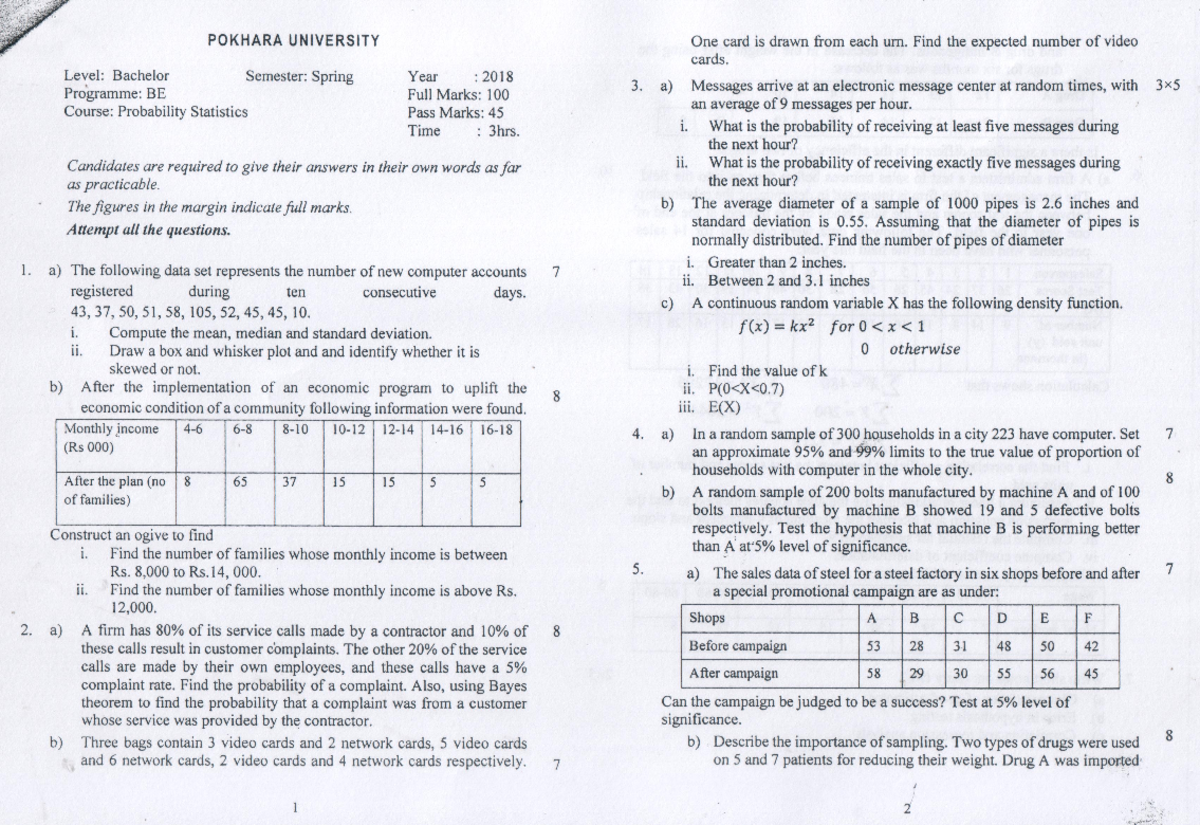 PS-18 Spring - past question - POKHARA UNIVERSITY One card is drawn ...