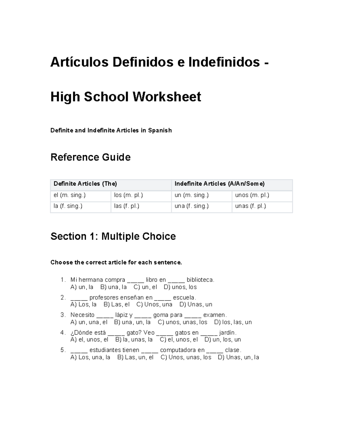 Spanish Definite & Indefinite Articles - High School Worksheet - Studocu