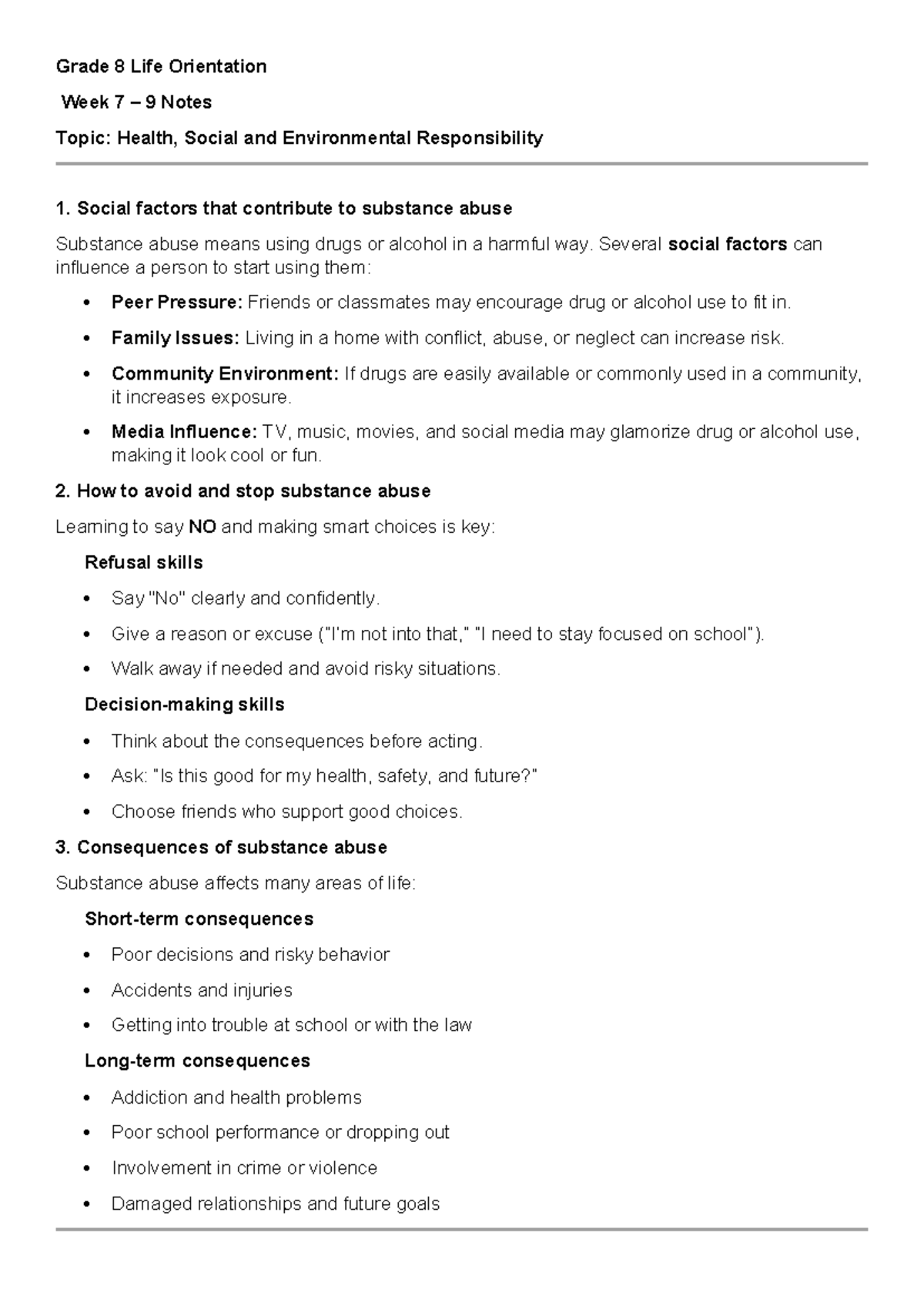 Grade 8 LO Term 2 Week 7-9 Notes: Health & Substance Abuse Insights ...