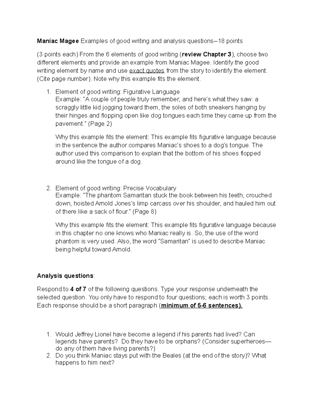 Maniac Magee Writing Elements Analysis - High School English 101 - Studocu