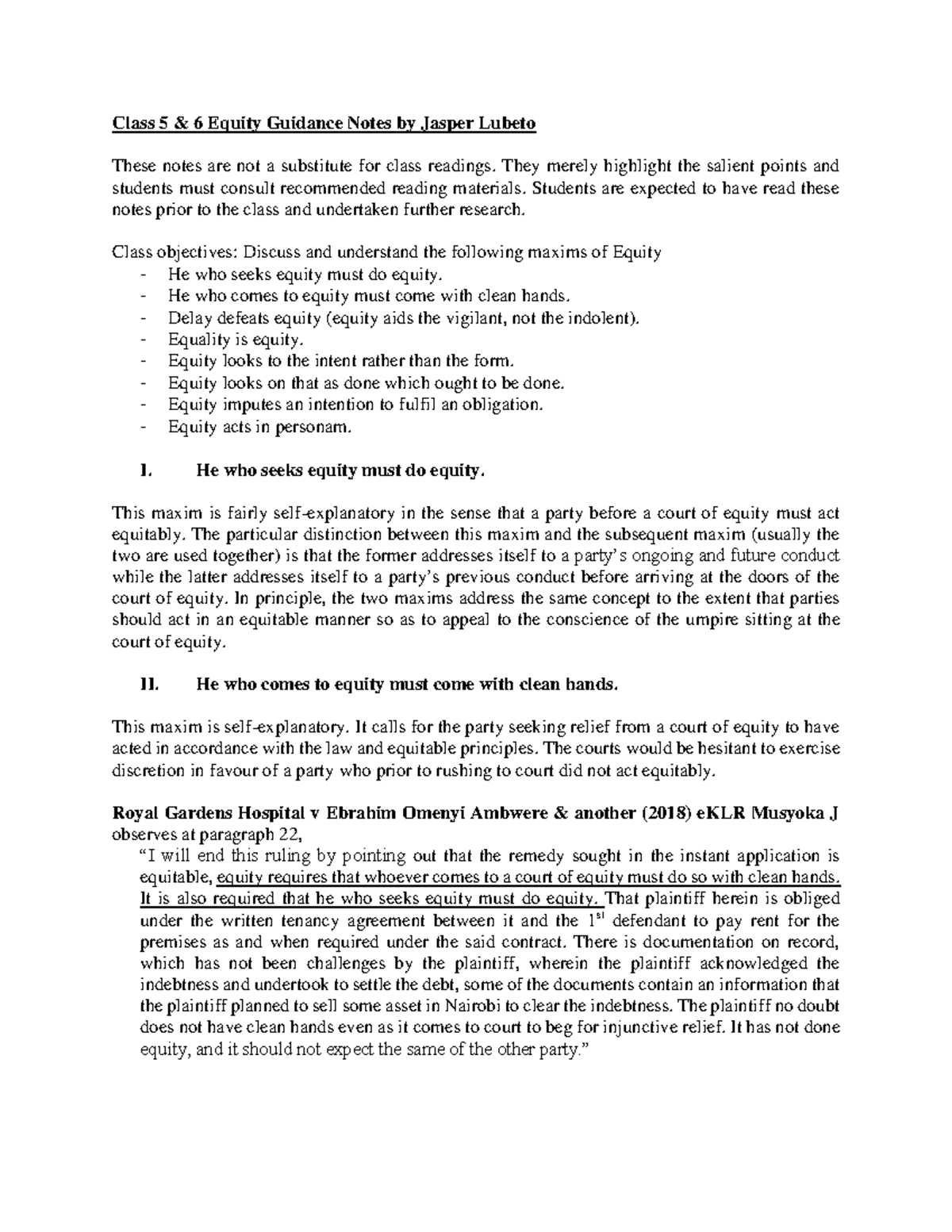 Class 5 & 6 Equity Maxim Notes by Jasper Lubeto - Studocu