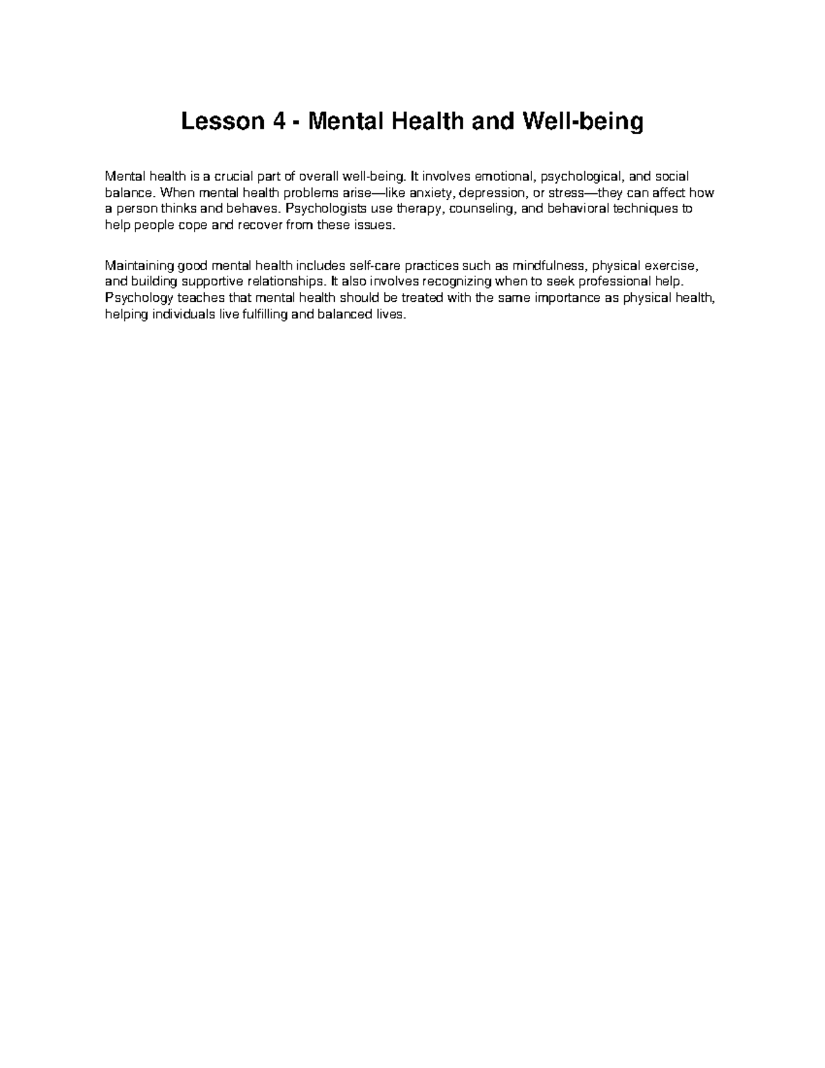 Lesson 4 - Mental Health and Well-being - Lesson 4 - Mental Health and ...