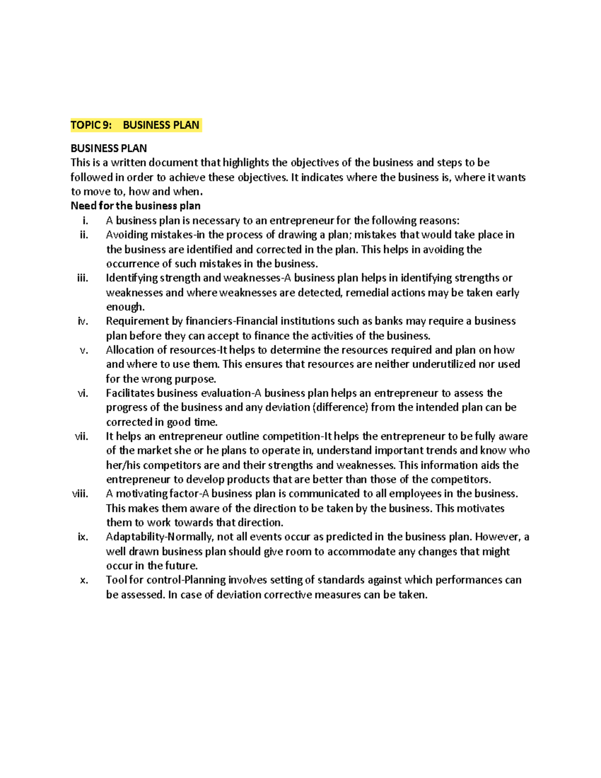 Entrepreneurship Education Notes: Topic 9 - Business Plan (56-60) - Studocu