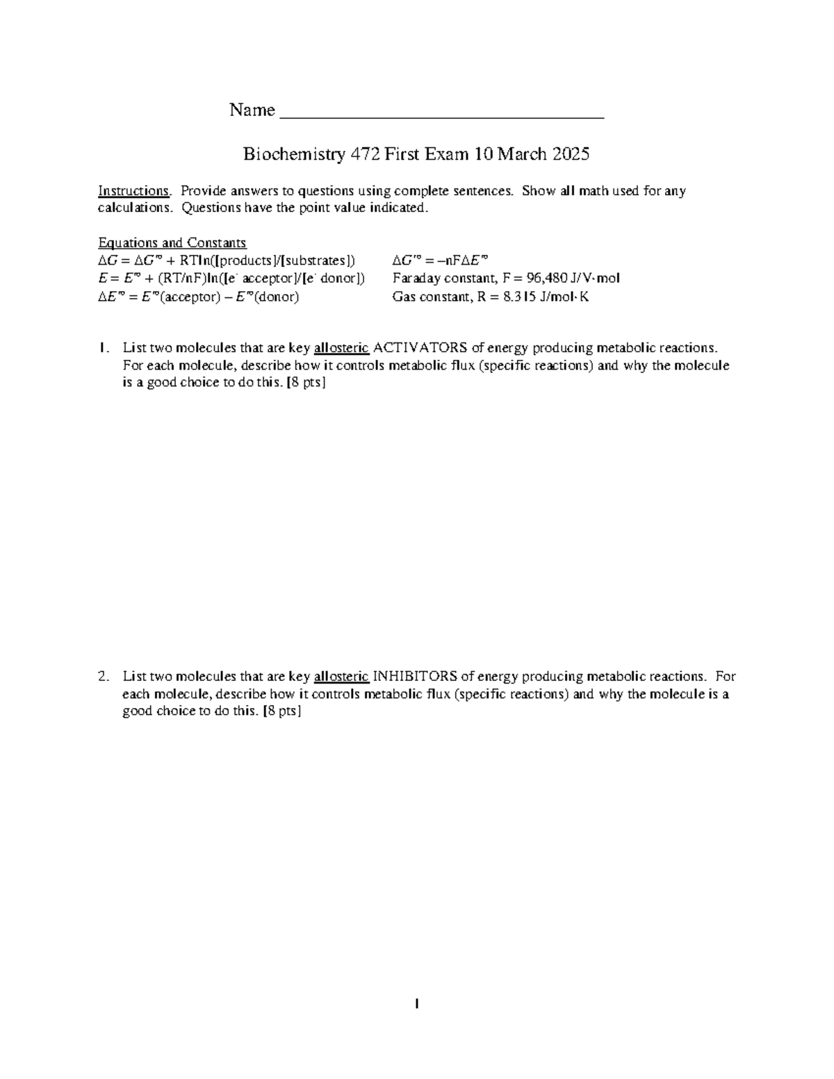Biochemistry 472 First Exam Practice - Spring 2025 - Studocu