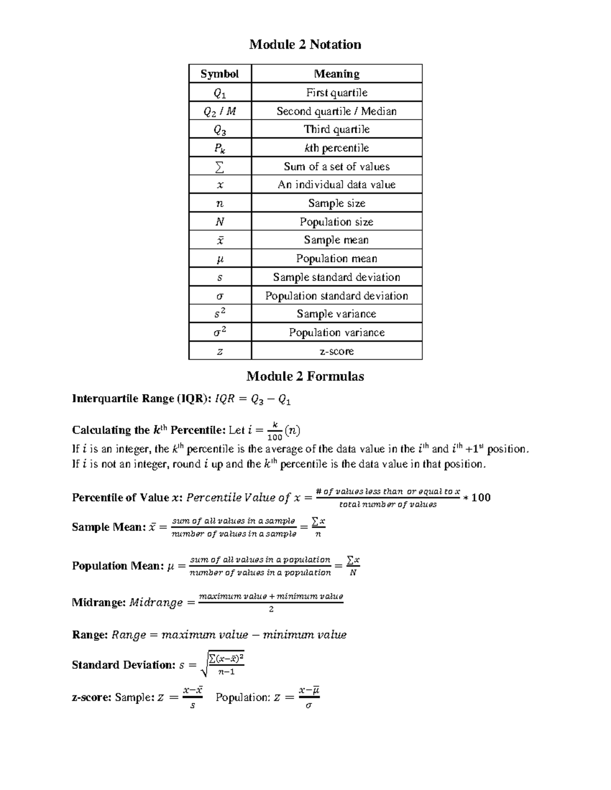 Module 2-9 Formulas and Notation Summary for Statistics - Studocu