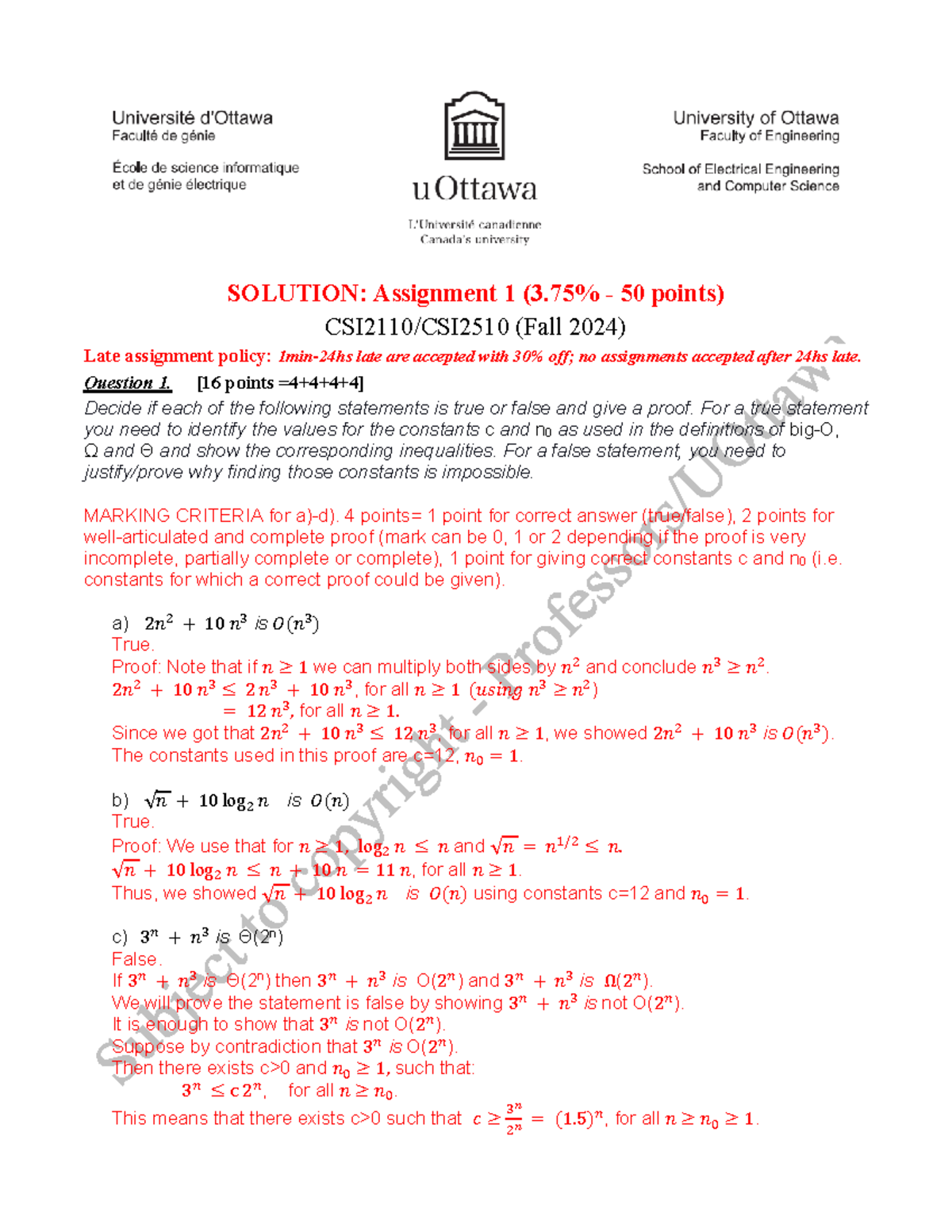 CSI2510 Fall 2024 Assignment 1 Solutions and Explanations - Studocu
