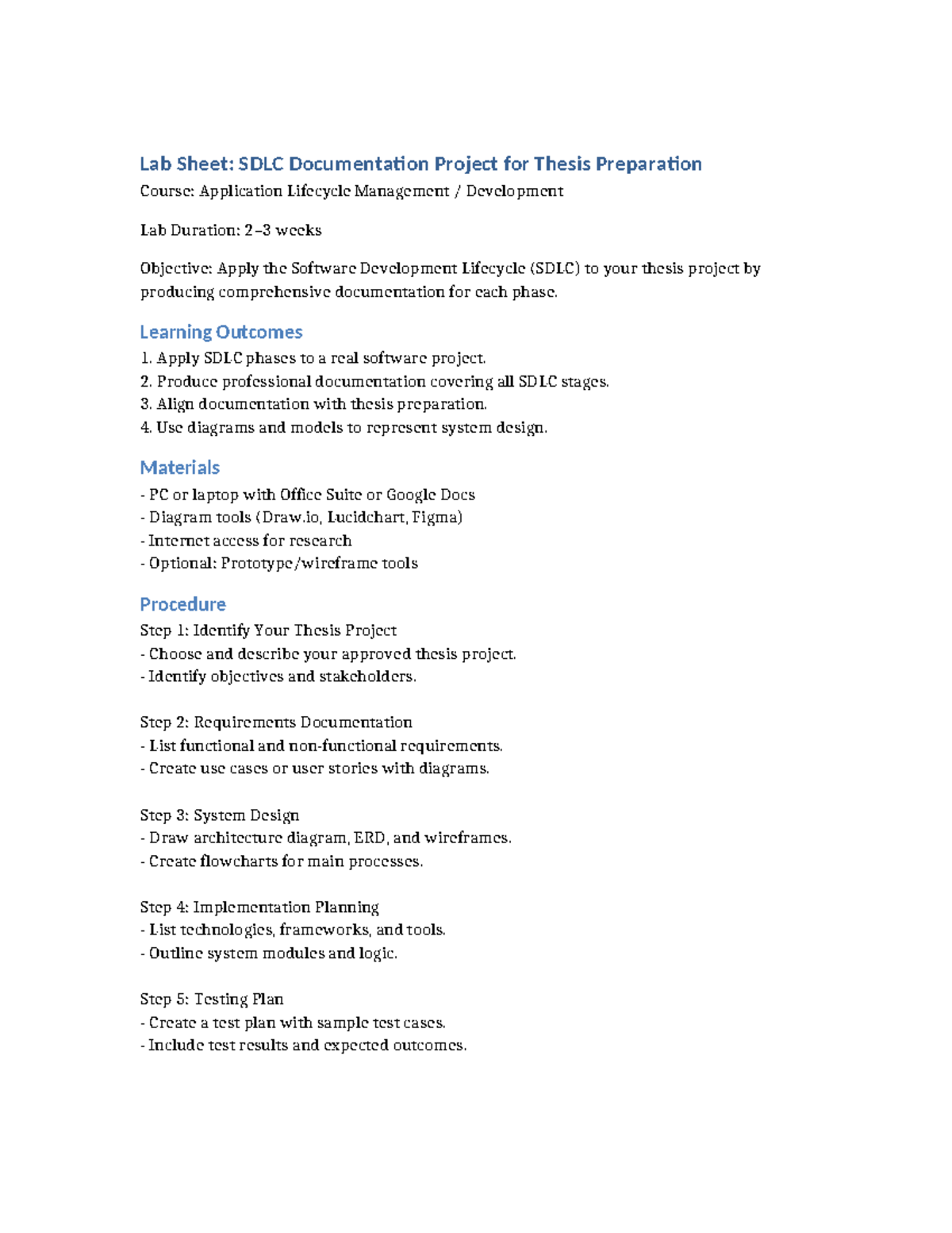 Lab Sheet: SDLC Documentation for Thesis Prep (ALM Dev Lab) - Studocu