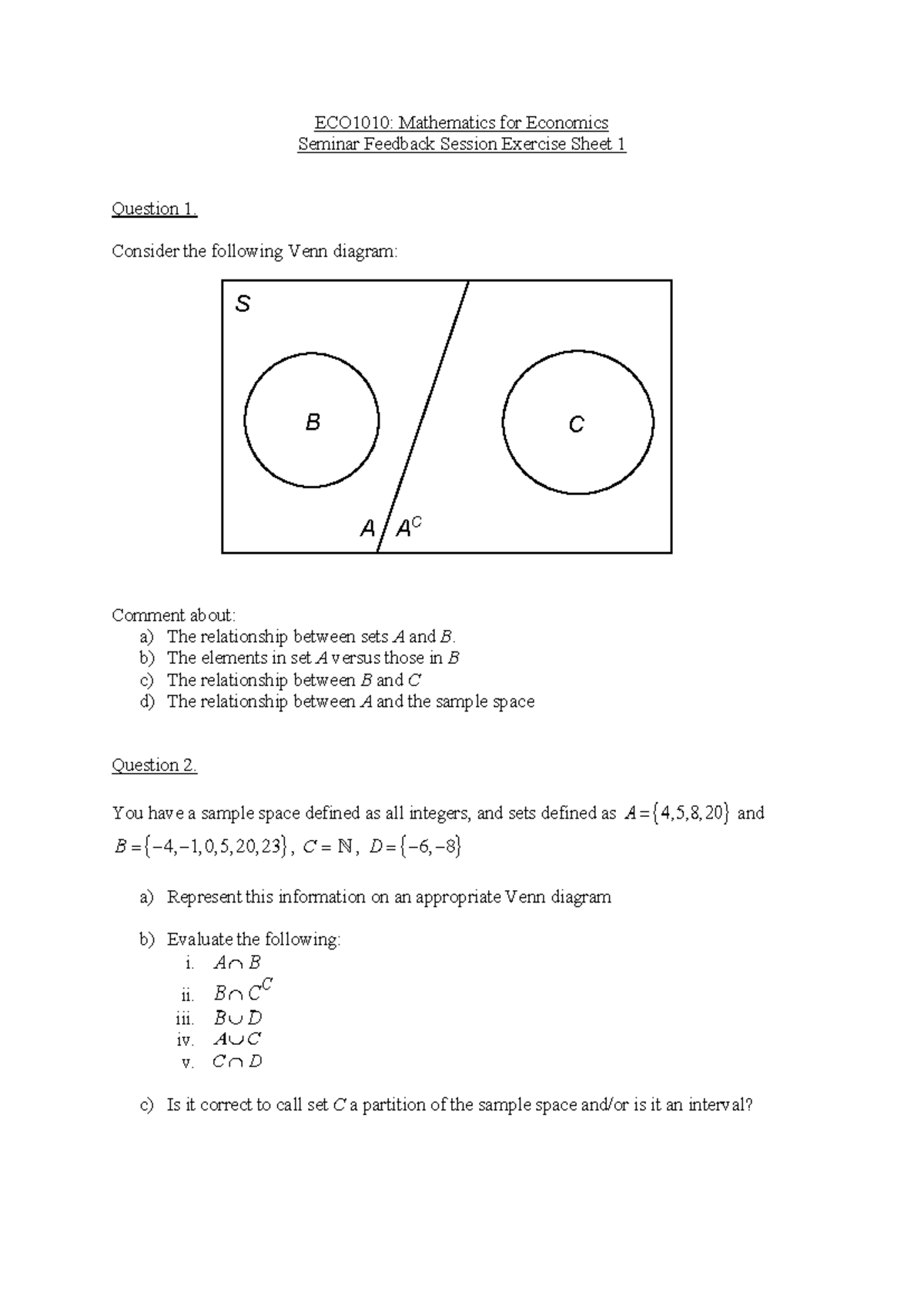 ECO1010: Seminar Exercise Sheet 1 - Venn Diagrams & Set Relations - Studocu