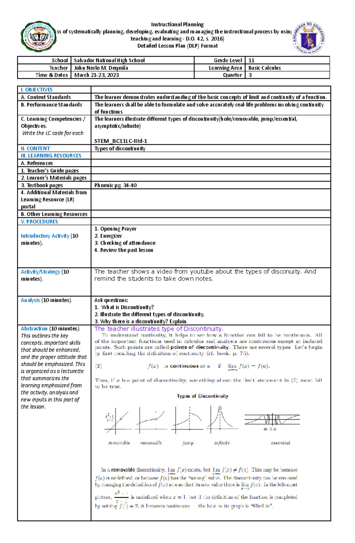 STEM BC11LC-IIId-1: Detailed Lesson Plan on Discontinuity in Math - Studocu