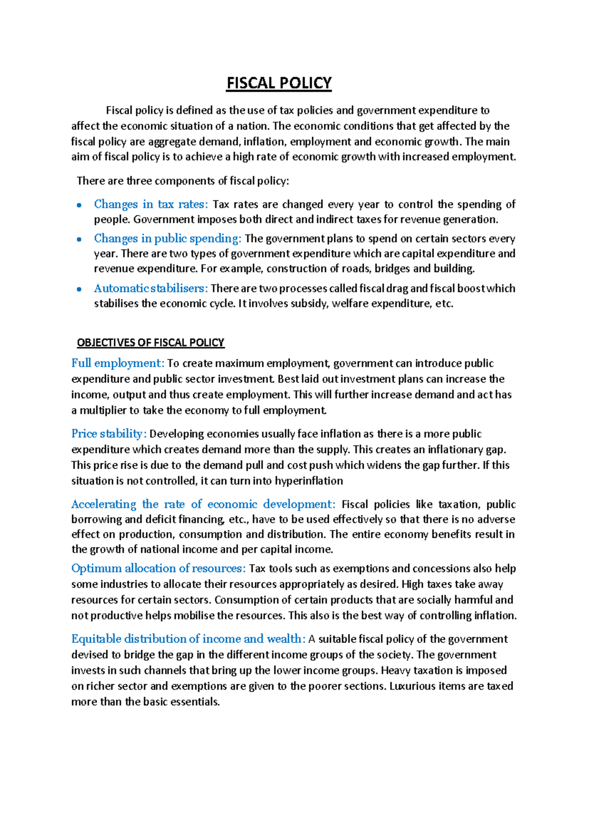 FISCAL POLICY LECTURE NOTES: Key Concepts and Objectives Explained ...