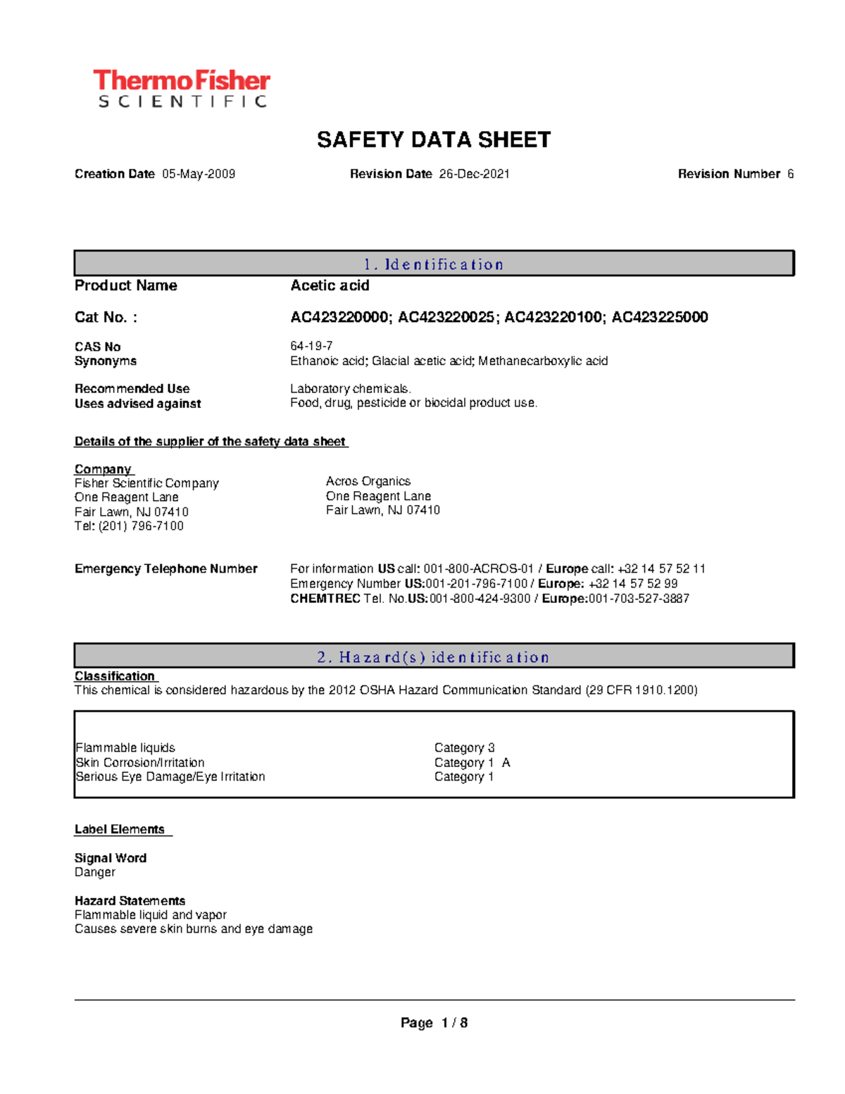 SAFETY DATA SHEET: Acetic Acid (Glacial) - ACS 500ML - Studocu
