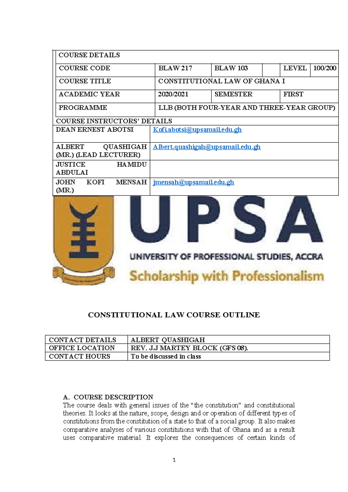 BLAW 217: Intro to Constitutional Law of Ghana - Course Overview - Studocu