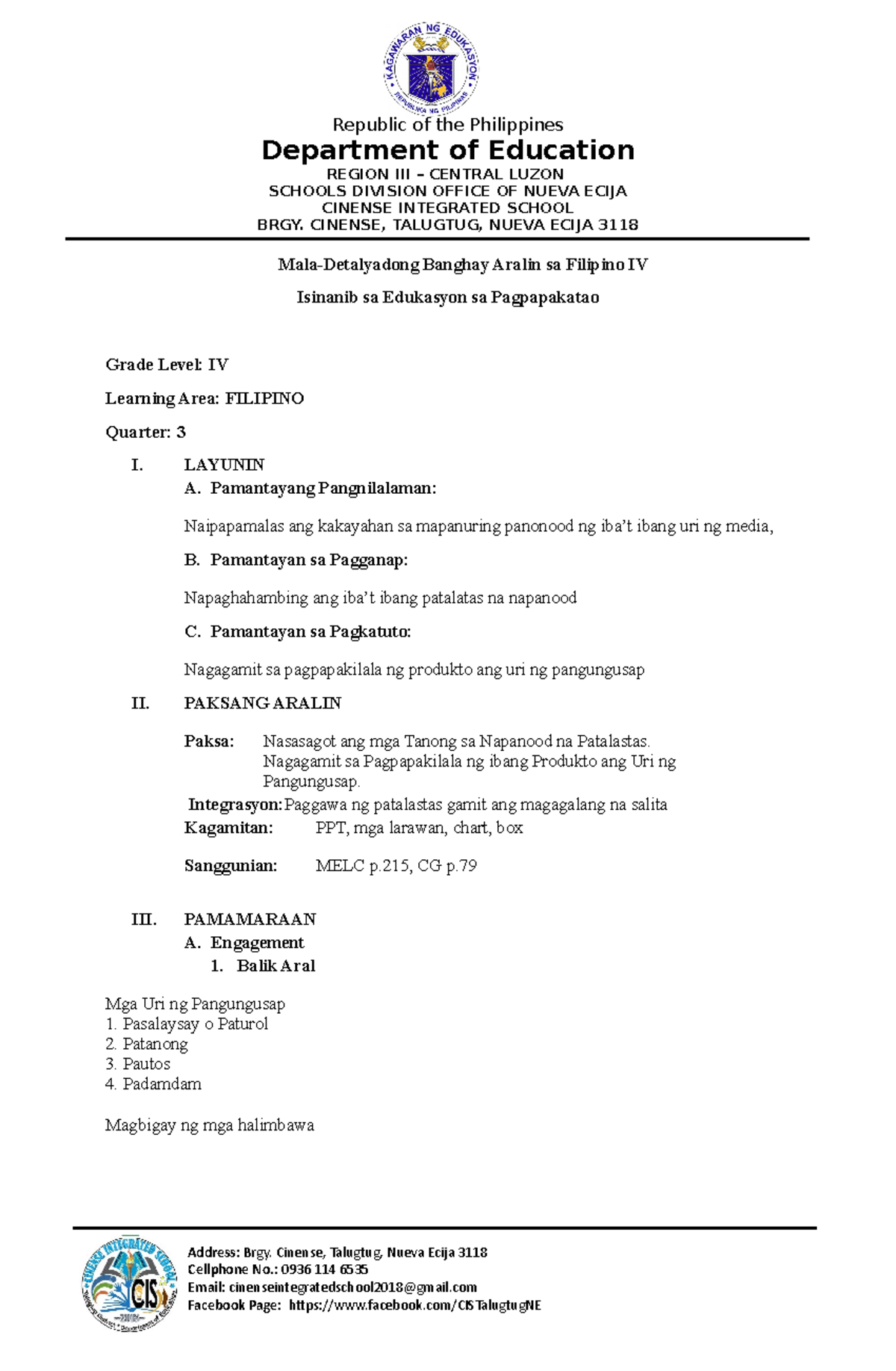 Grade 4 COT filipino final - Republic of the Philippines Department of ...