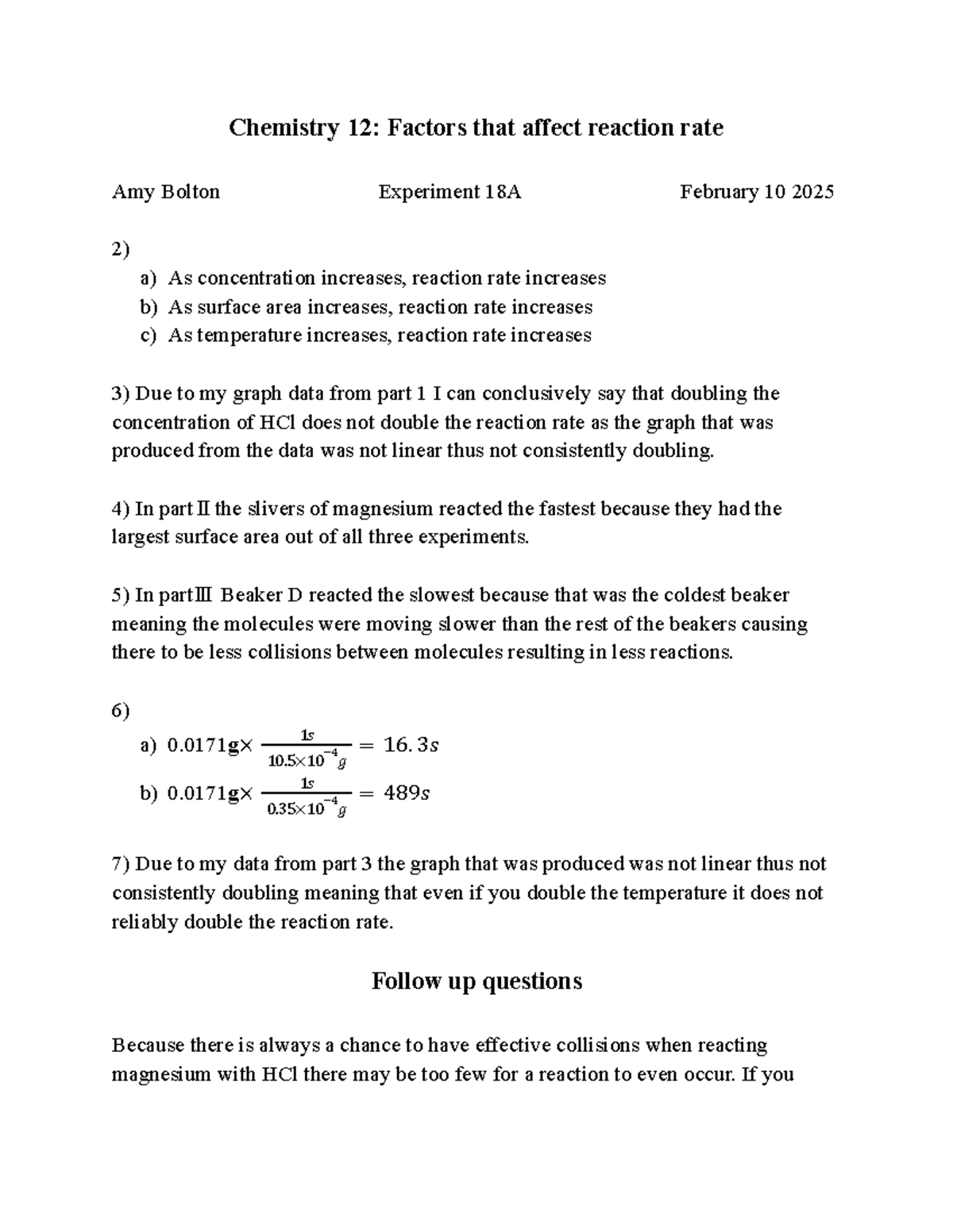 Chemistry 12 Lab: Analyzing Reaction Rates of Magnesium and HCl - Studocu