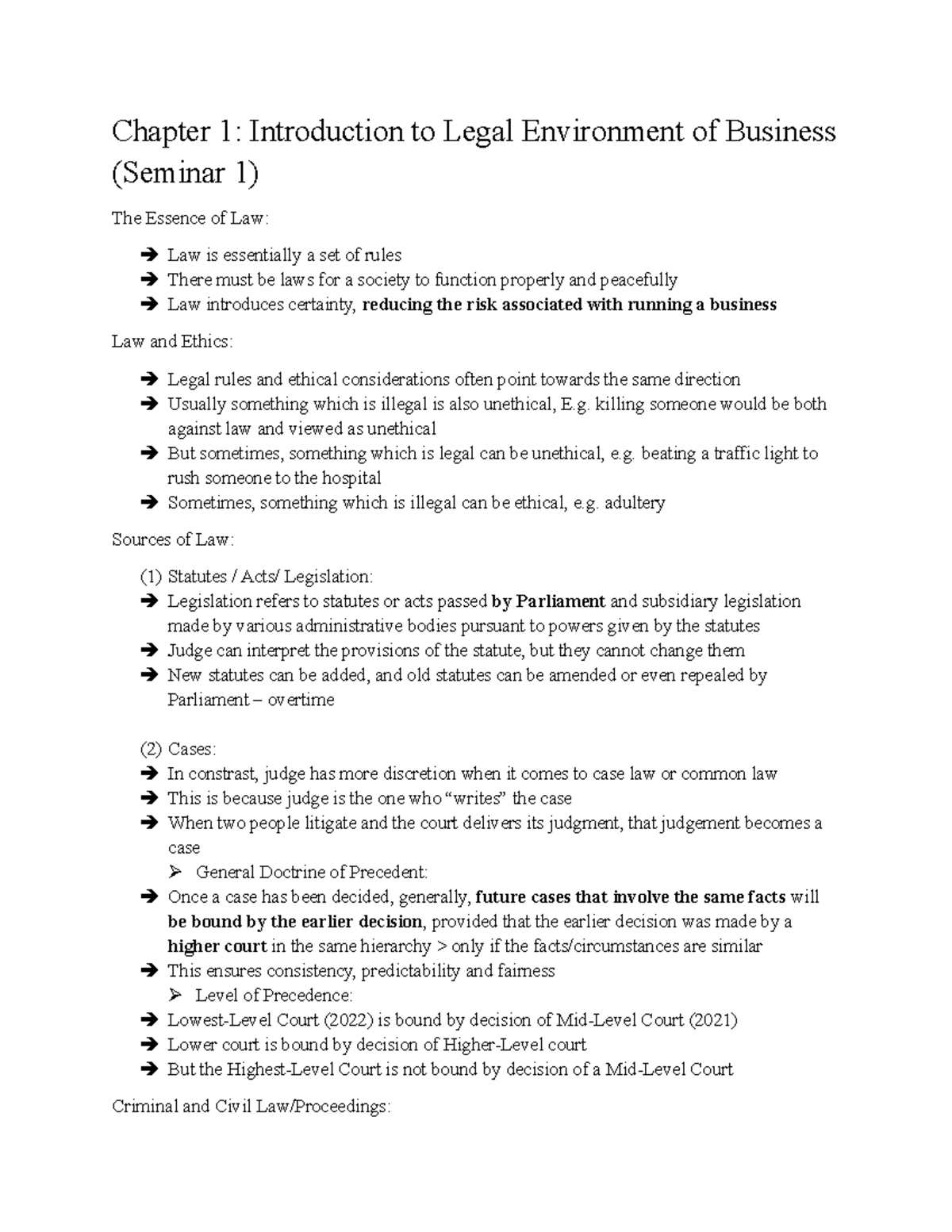 Chapter 1: Intro to Legal Environment of Business (BSP Seminar 1) - Studocu