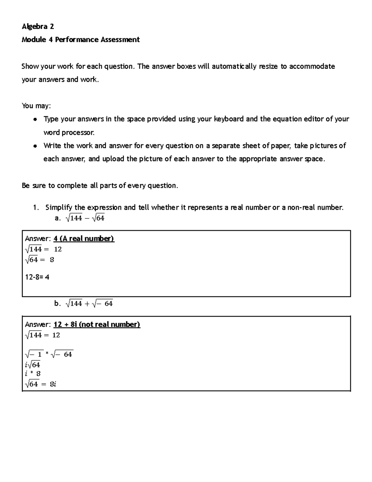 Algebra 2 Module 4 Perf. Assessment: Real & Non-Real Solutions - Studocu