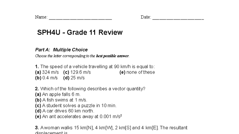 SPH4U Grade 11 Review - Multiple Choice Questions - Studocu