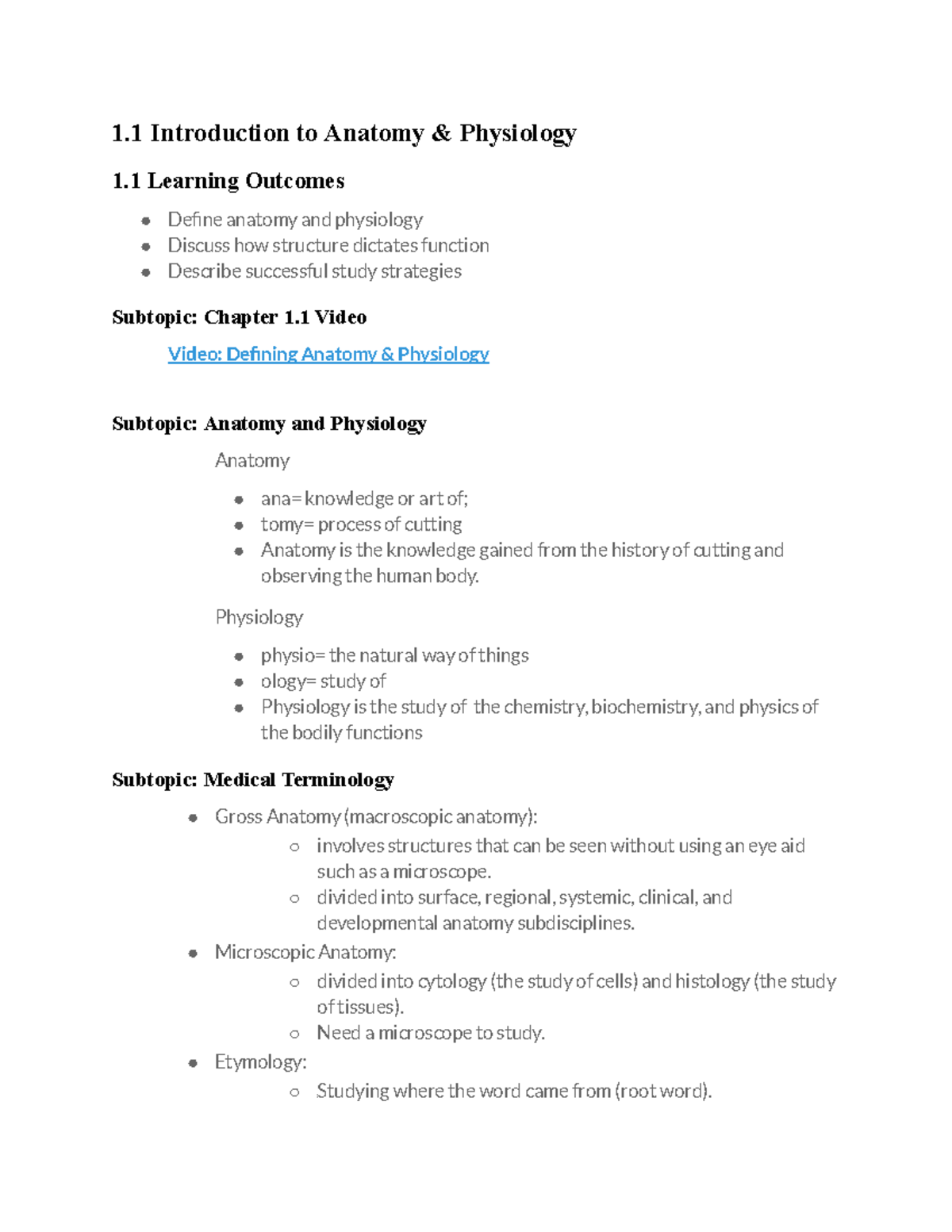 Anatomy & Physiology Overview: Class Notes and Learning Outcomes - 1 ...