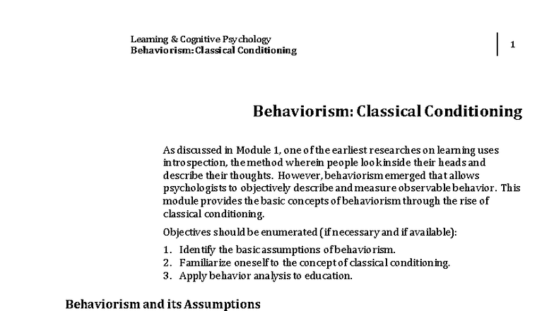 W4 Module: Behaviorism and Classical Conditioning Overview - Studocu