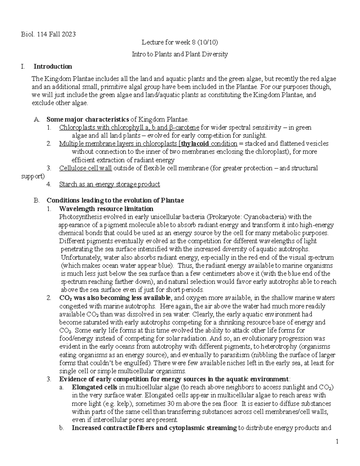 Lecture week 8 (10-10) - Notes Intro to Plants and Plant Diversity ...