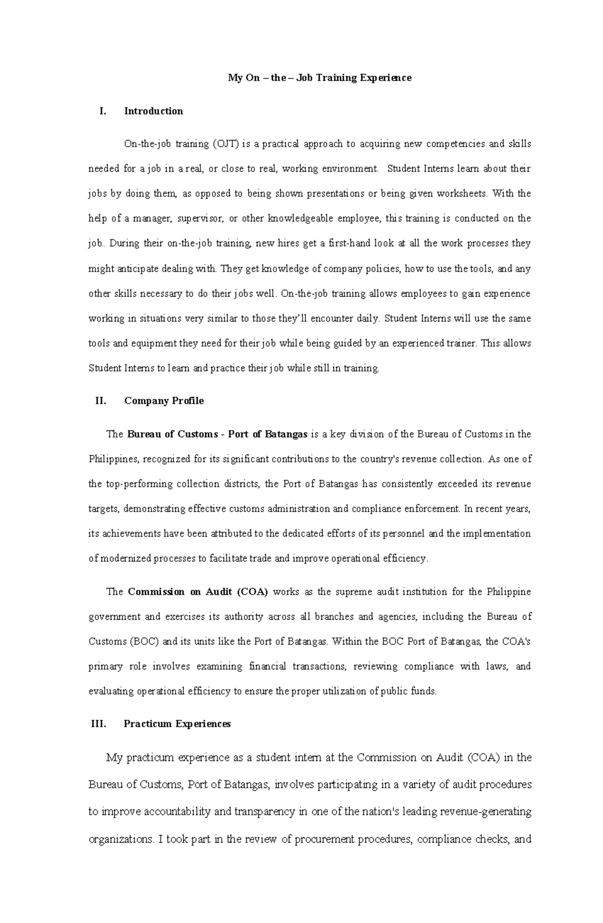 Narrative Report OJT - Summary Management Accounting - My On – the ...