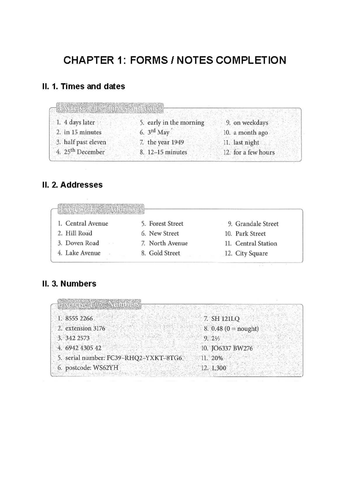 Answer KEY - CHAPTER 1: FORMS / NOTES COMPLETION II. 1. Times and dates ...