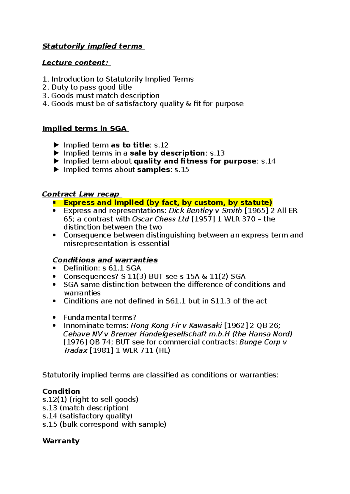 Statutorily Implied Terms in Contract Law Lecture Notes (Lec1) - Studocu