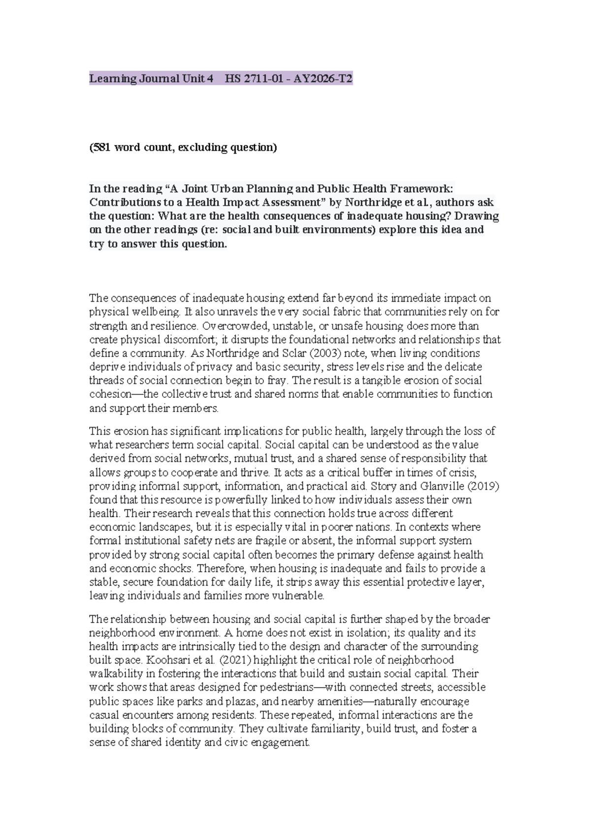 Learning Journal Unit 4: Health Impacts of Inadequate Housing - Studocu