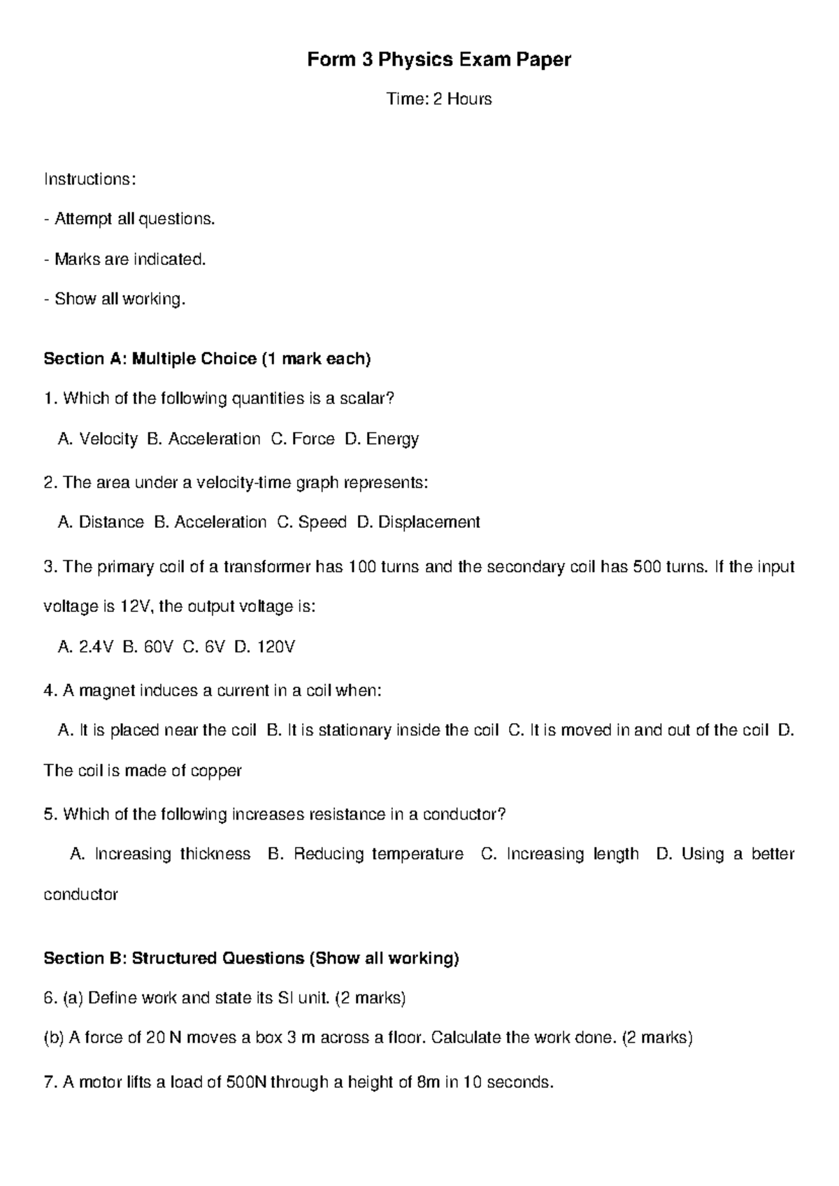 Form 3 Physics Final Exam Paper: 2-Hour Duration - Studocu