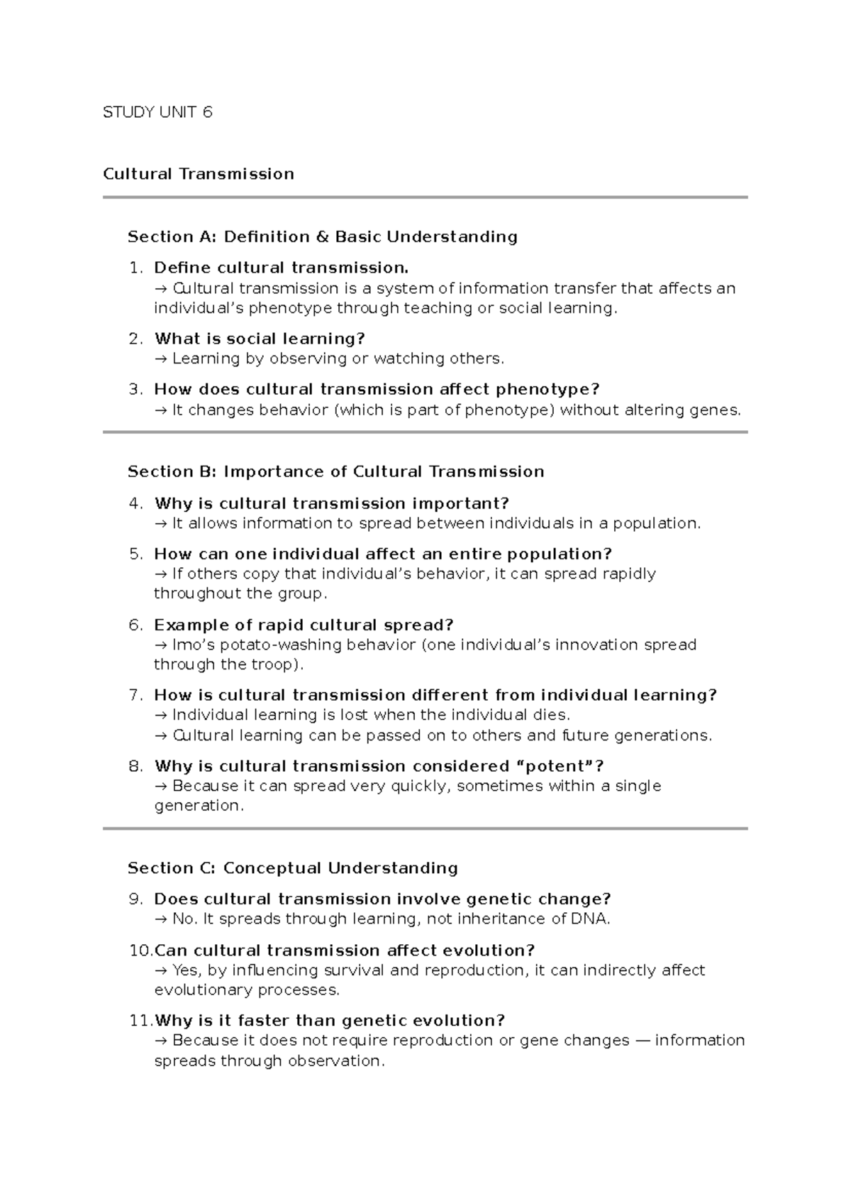 Study Unit 6: Cultural Transmission Overview and Key Concepts - Studocu