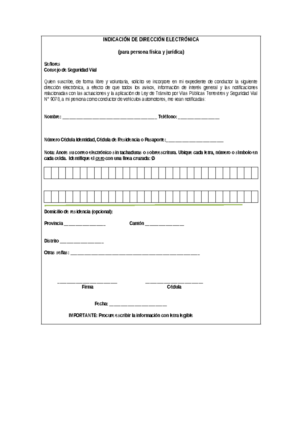 Formulario de Dirección Electrónica Vial para Conductor - Studocu