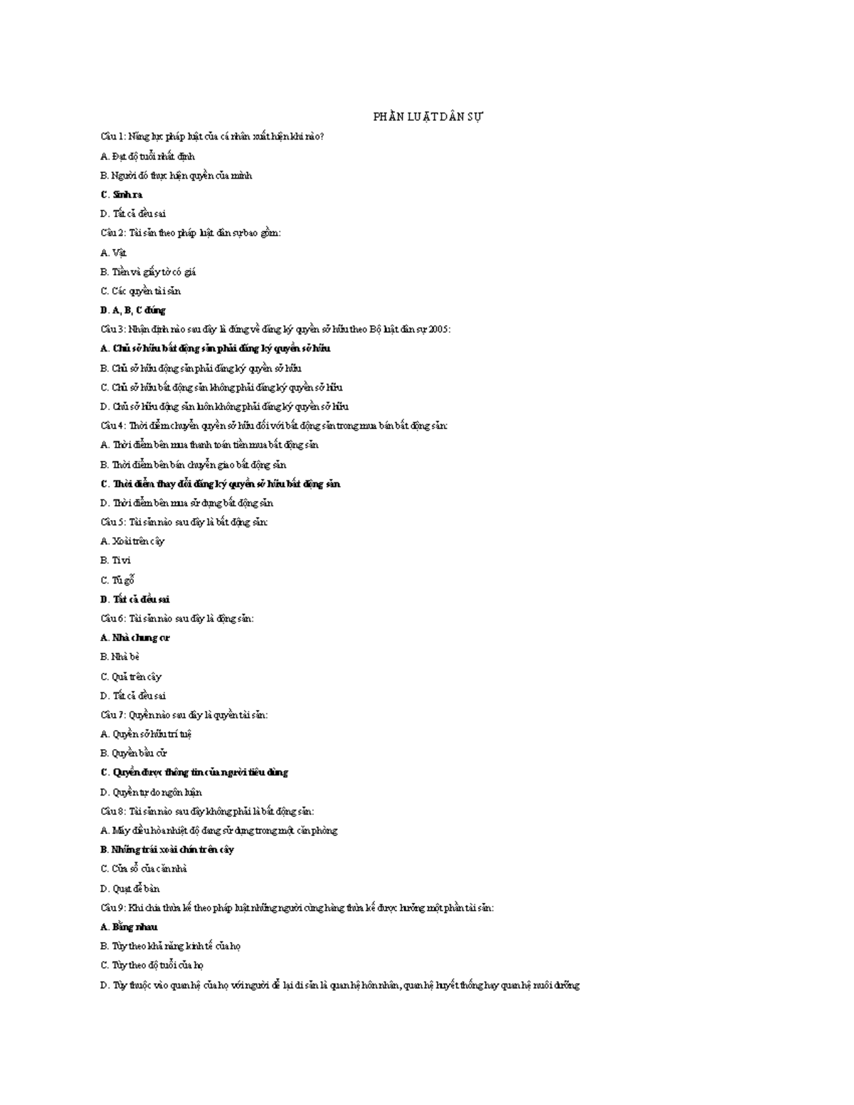 TRẮC NGHIỆM PHÁP LUẬT DÂN SỰ CHƯƠNG 3 - iin - Studocu