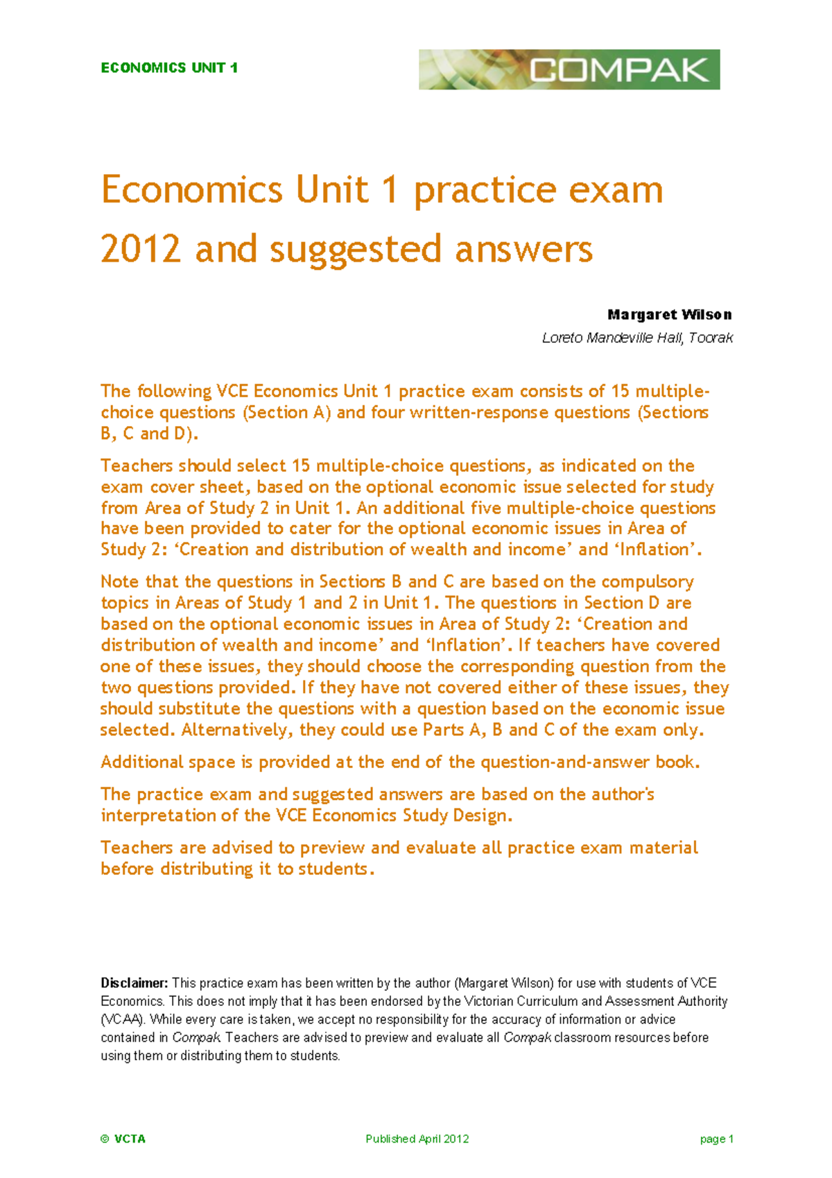 2012 vcta unit 1 with solutions - Economics Unit 1 practice exam 2012 ...