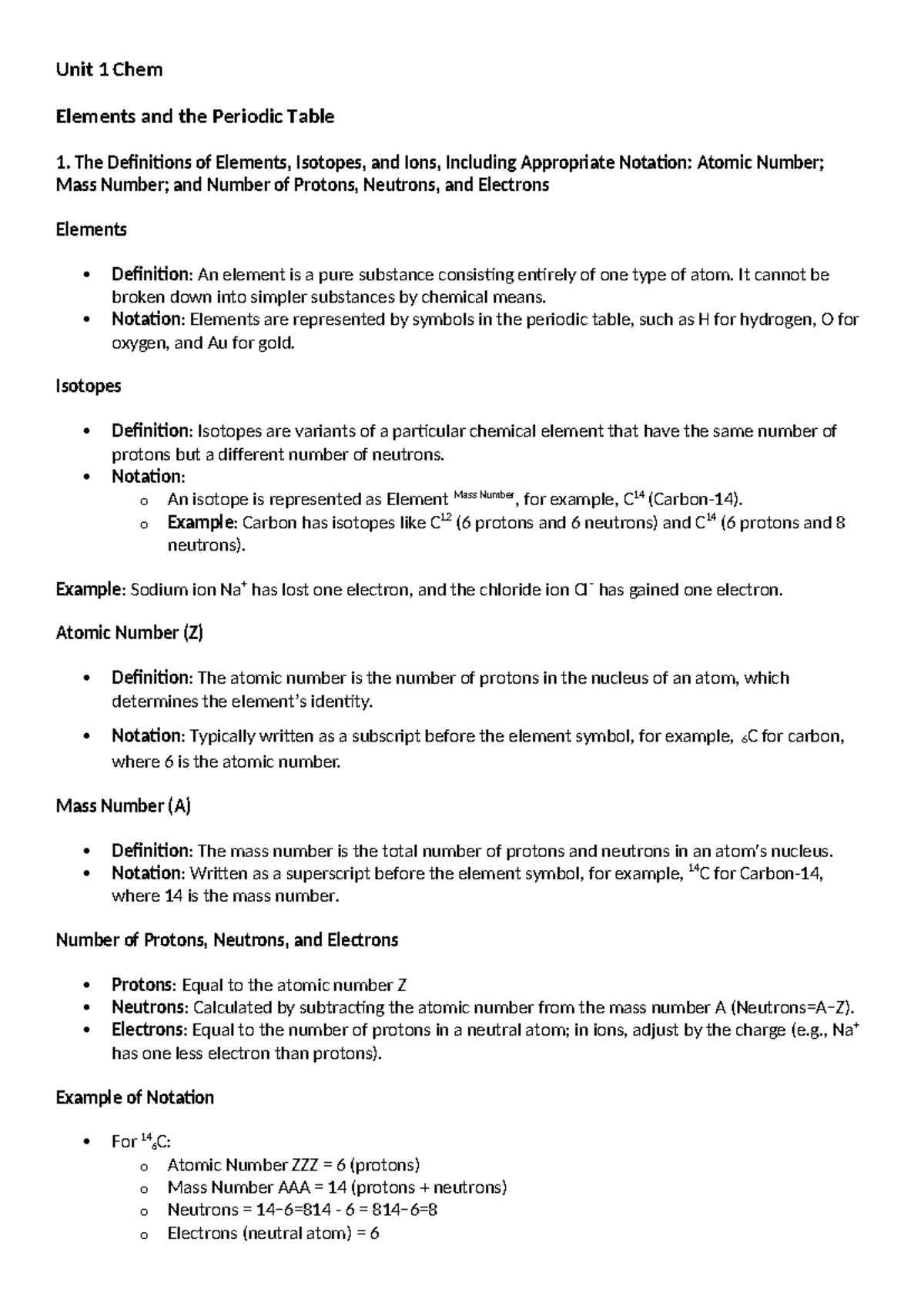 Unit 1: Elements and the Periodic Table - Definitions and Notation ...