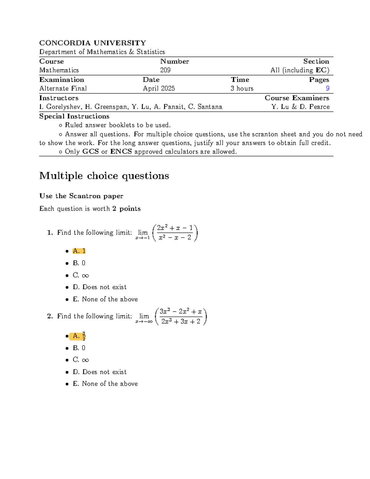 MATH 209 Alternate Final Exam April 2025 - Studocu