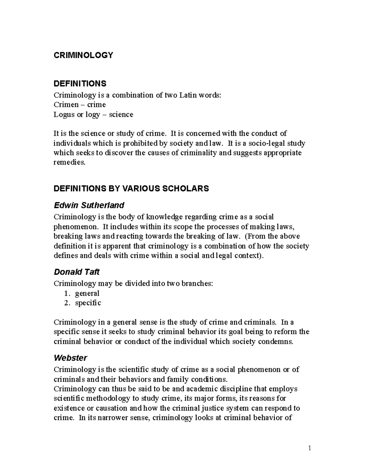 CRIMINOLOGY 6: Key Definitions and Theories of Crime - Studocu