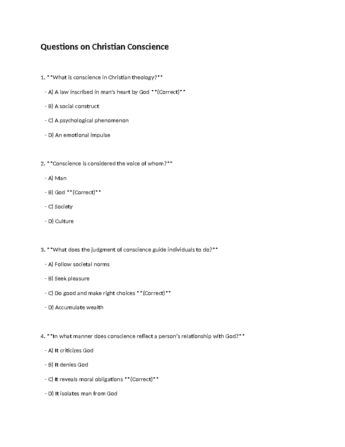 Theology Practice Questions 1: Exploring Christian Conscience, Prayer ...