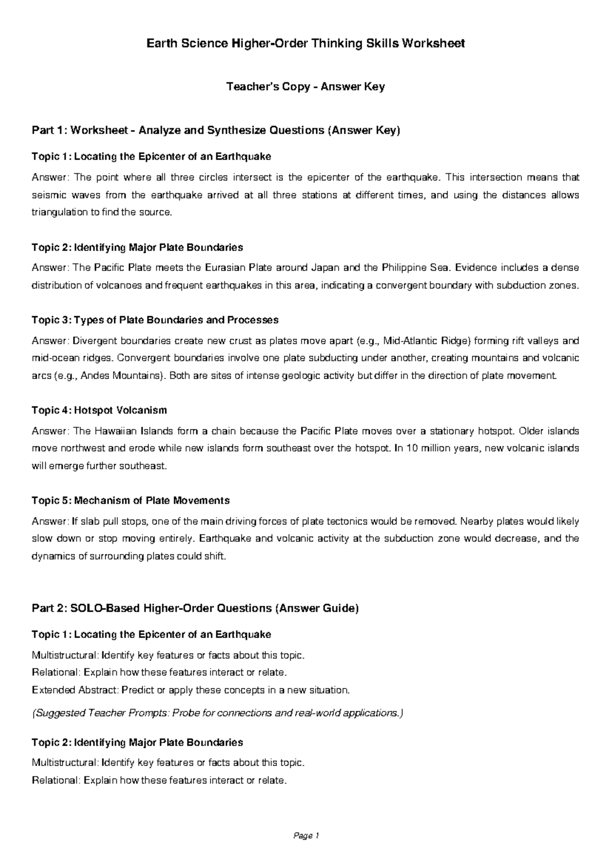 Earth Science 101: HOTS Worksheet Answer Key on Earthquakes & Plate ...