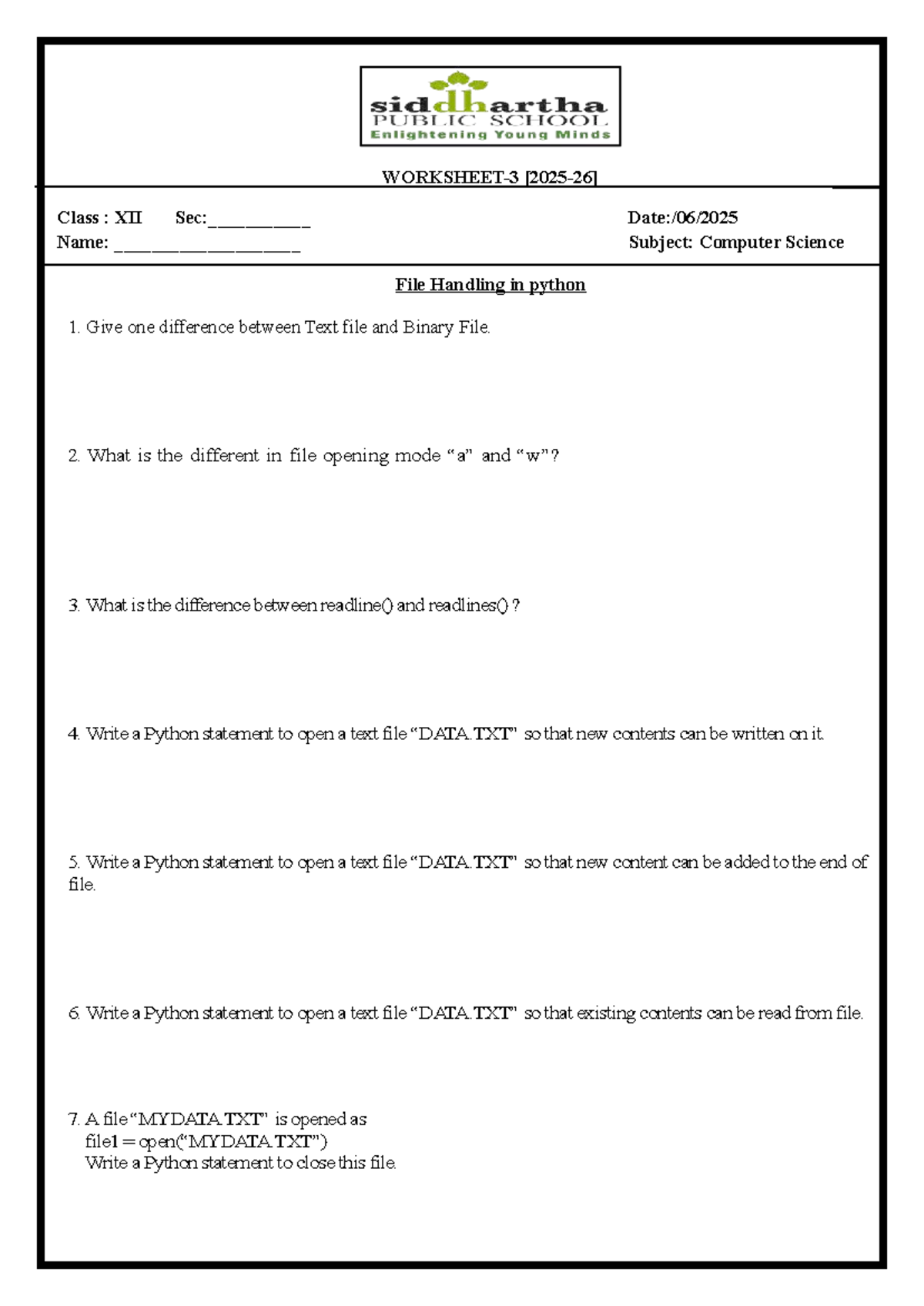 CS Grade 12: File Handling in Python - Worksheet 3 Solutions - Studocu