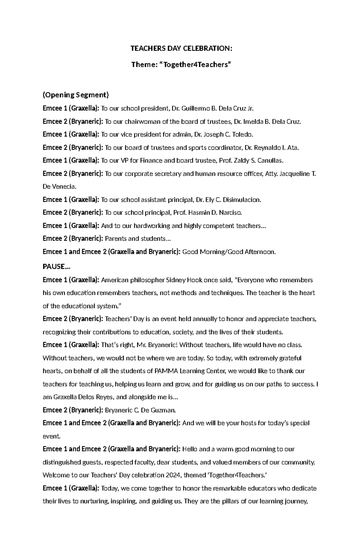 Teachers' Day Celebration Script 2024: Together4Teachers Event - Studocu