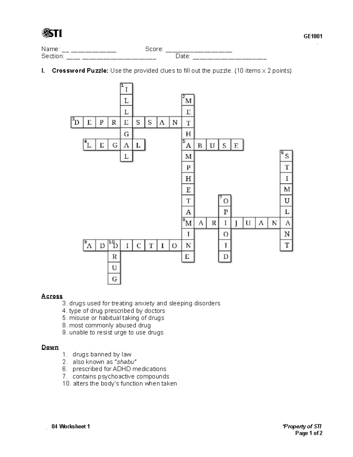 04 GE Worksheet 1 - Understanding Drug Use and Its Effects - Studocu