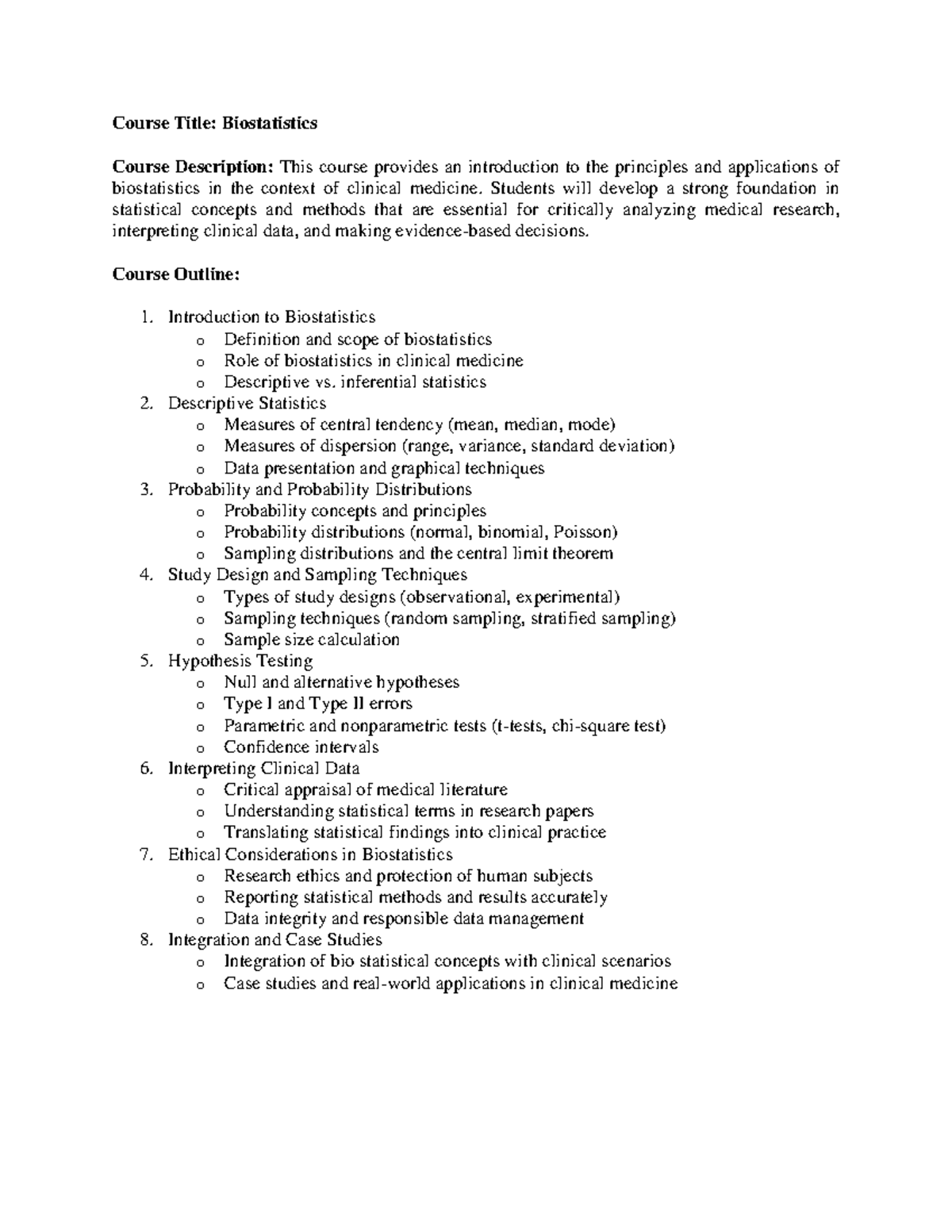 Biostatistics Course Outline - Overview and Key Concepts - Studocu