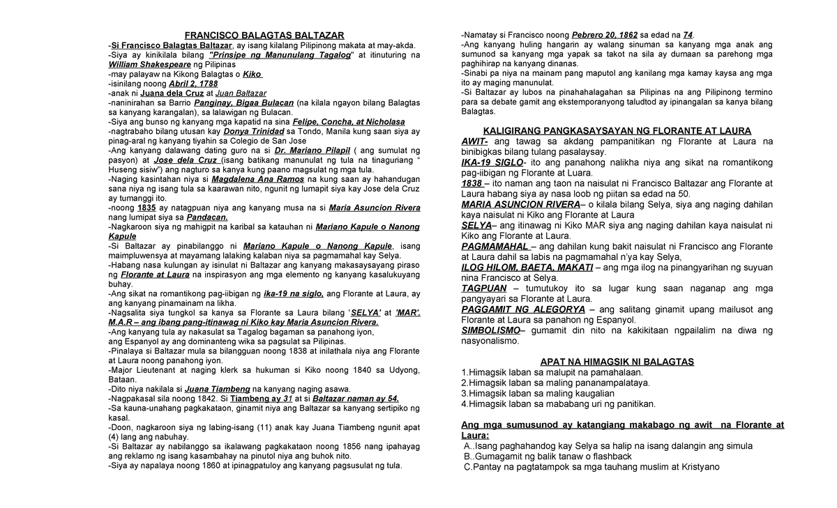 Florante at Laura: Isang Pagsusuri sa Akda ni Francisco Baltazar - Studocu