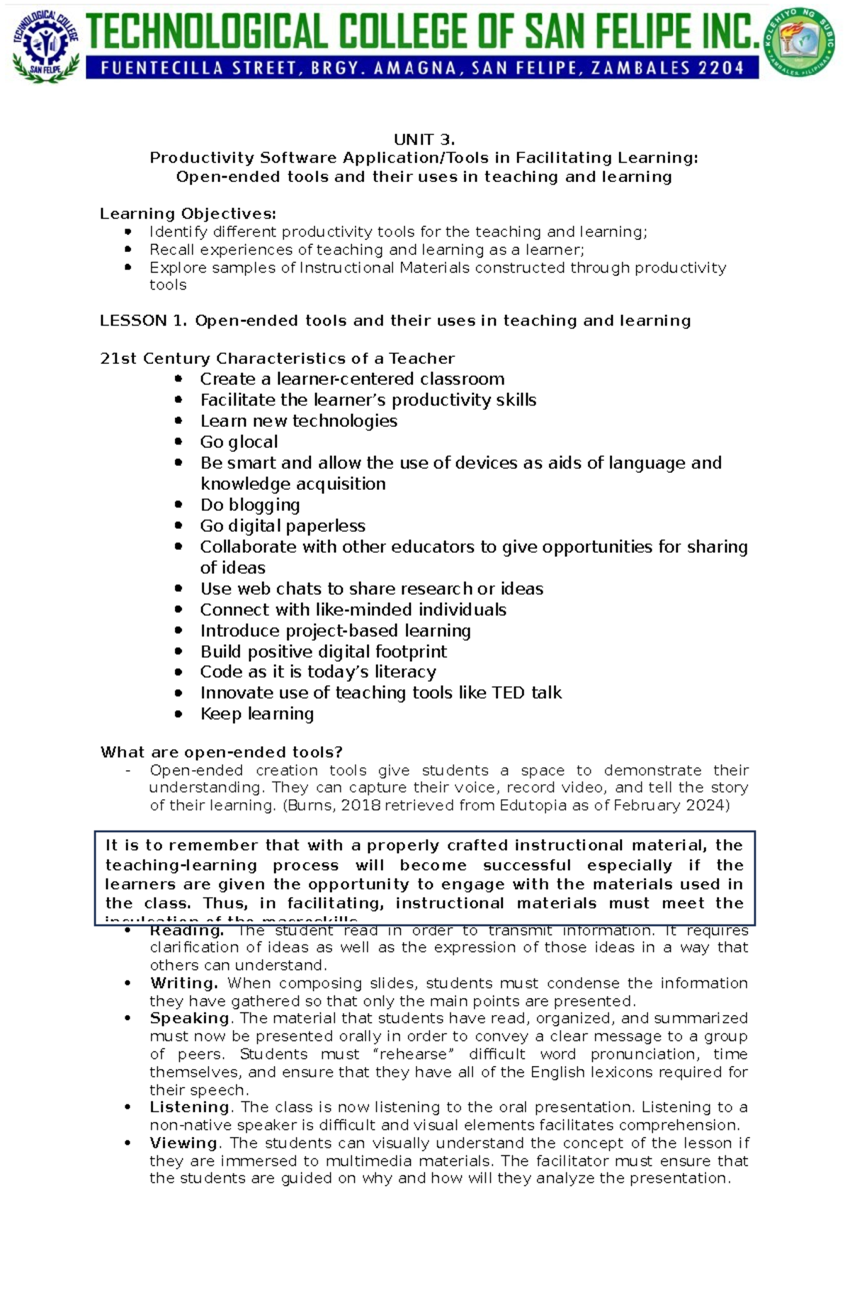UNIT 3: Productivity Software for Learning - Tools & Their Uses - Studocu