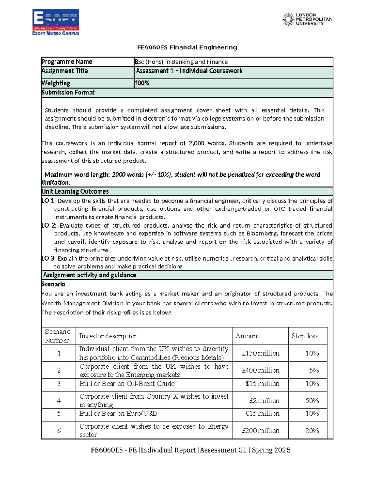 FE6060ES Financial Engineering Individual Coursework: Structured ...