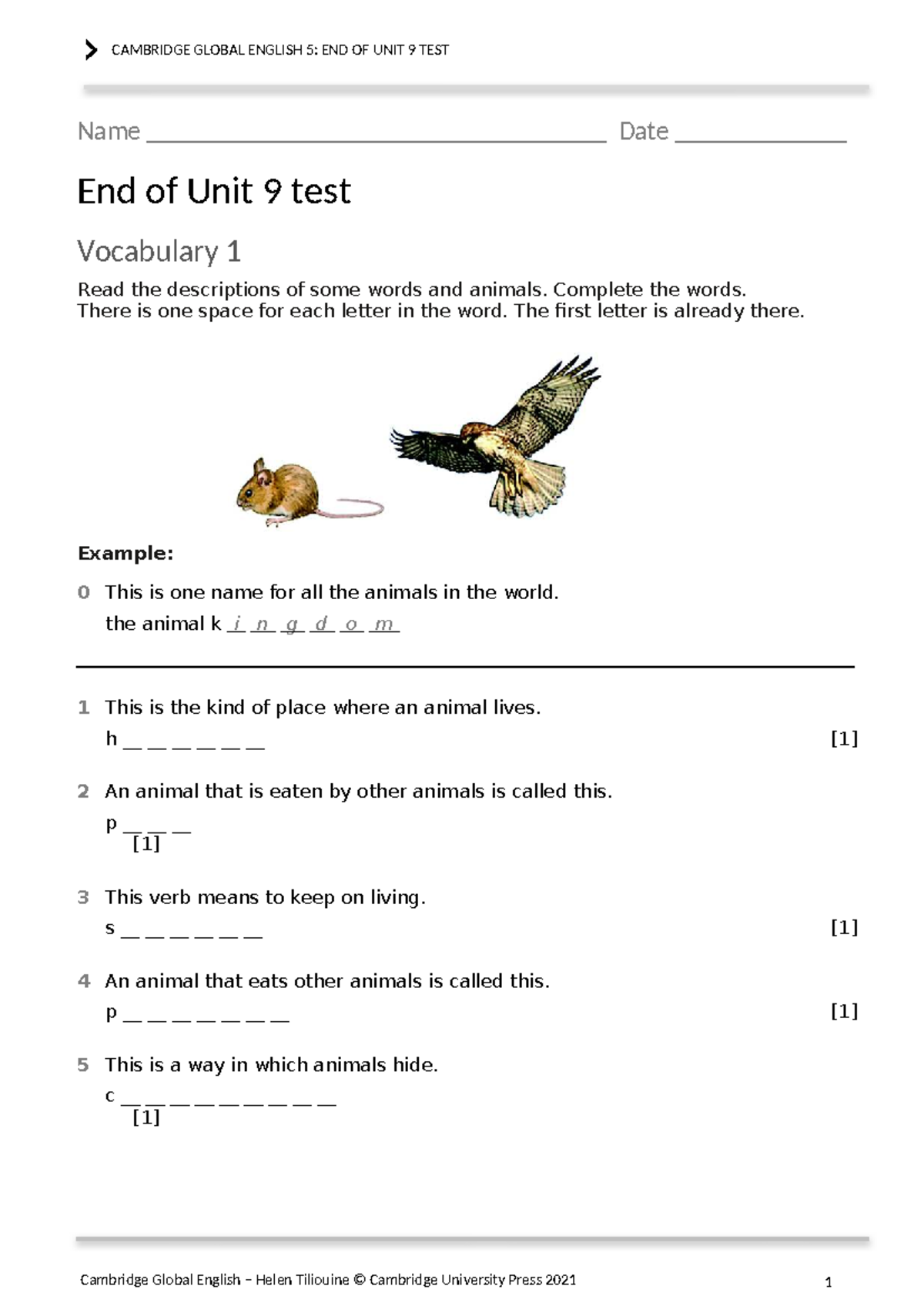 CAMBRIDGE GLOBAL ENGLISH 5: END OF UNIT 9 TEST Vocabulary & Grammar ...